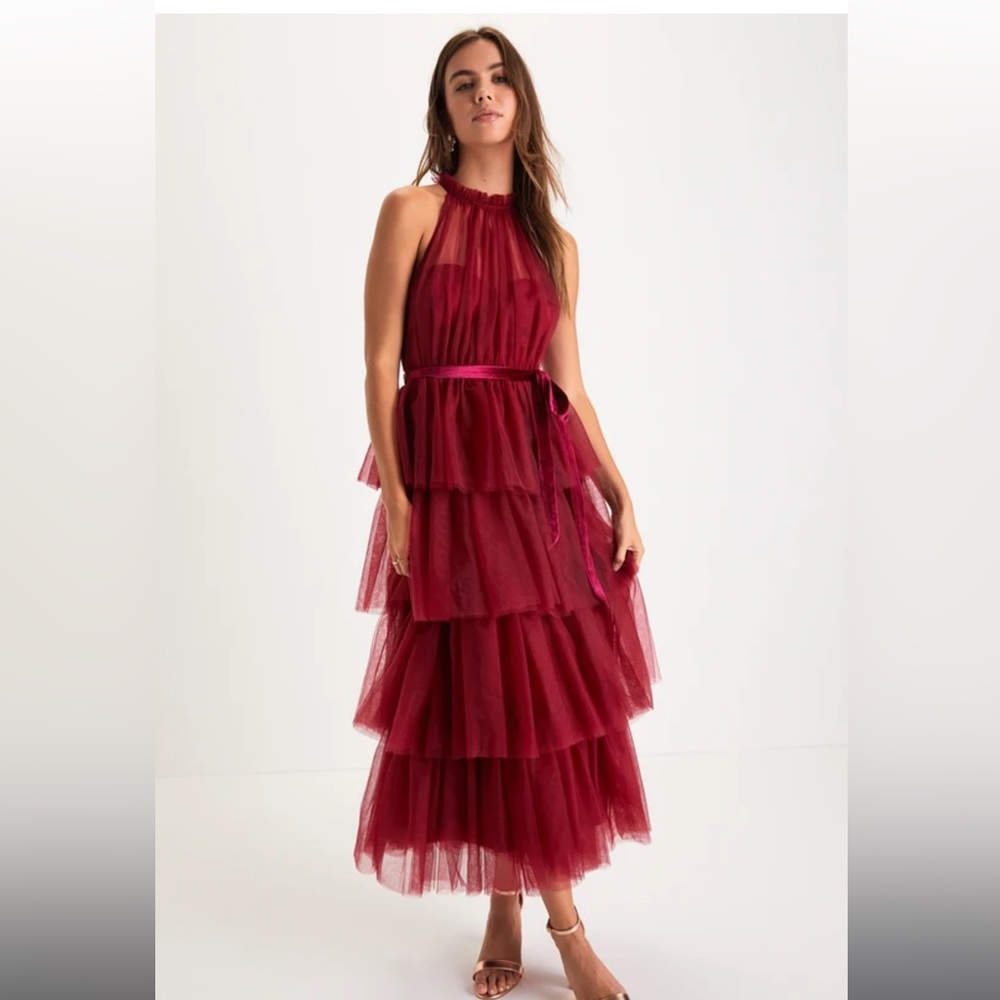 Wondrous Glamour Wine Red Tulle Tiered Halter Midi Dr… - Gem